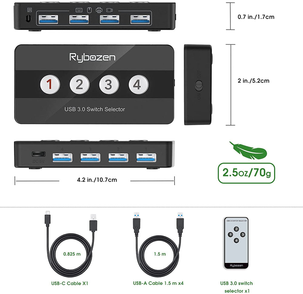 USB 3.0 Switch Selector,4 Port KVM Switch USB Peripheral Switcher Box